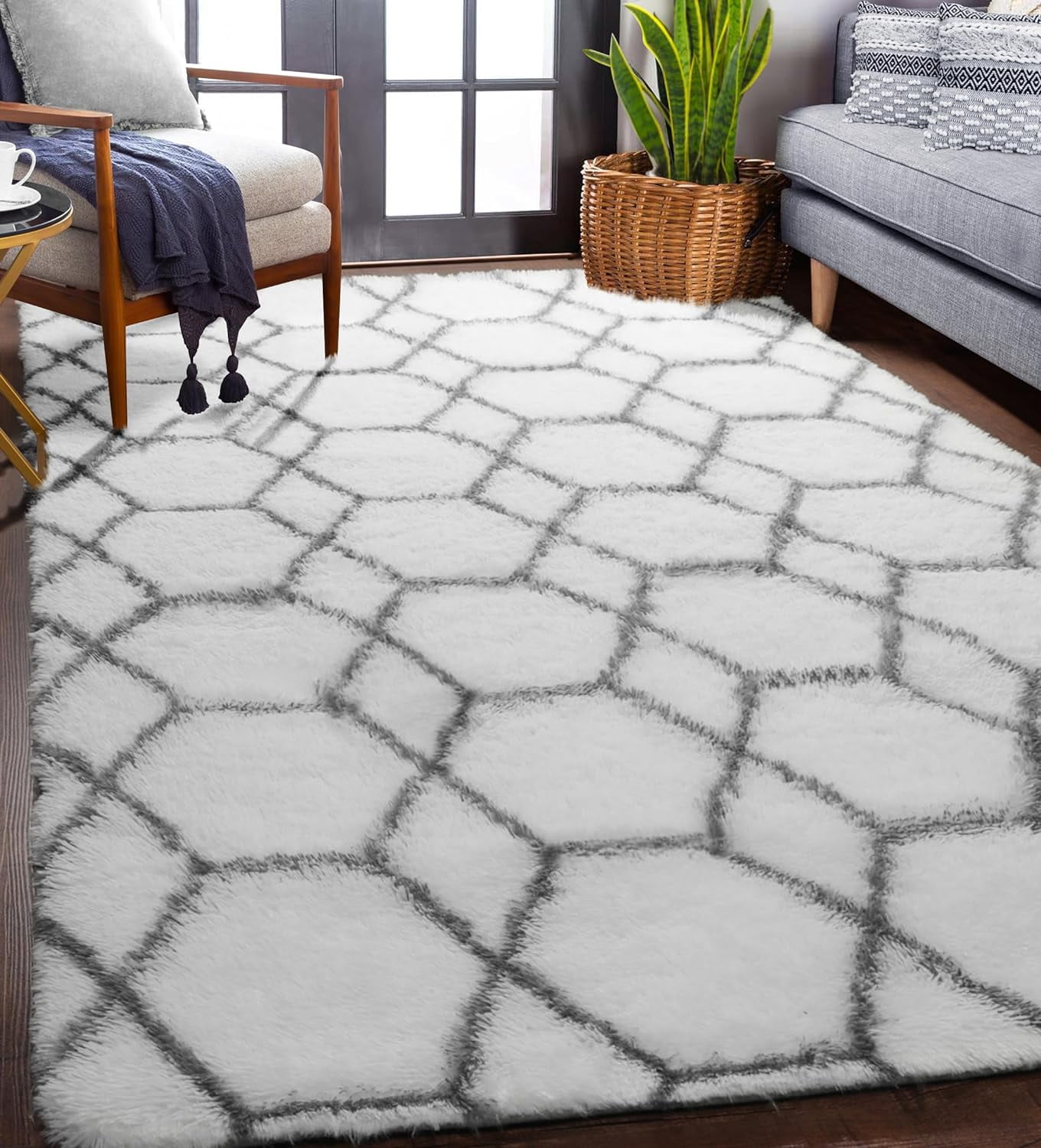 5x8 Geometric Living Room Rugs, Extra Soft White and Grey Rug for ...