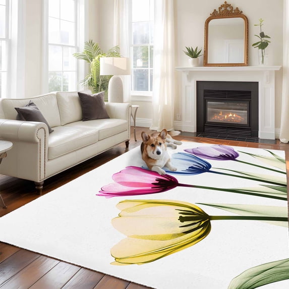 5x8 Tulips Area Rug for Living Room, Washable Non Slip Low Pile Soft ...