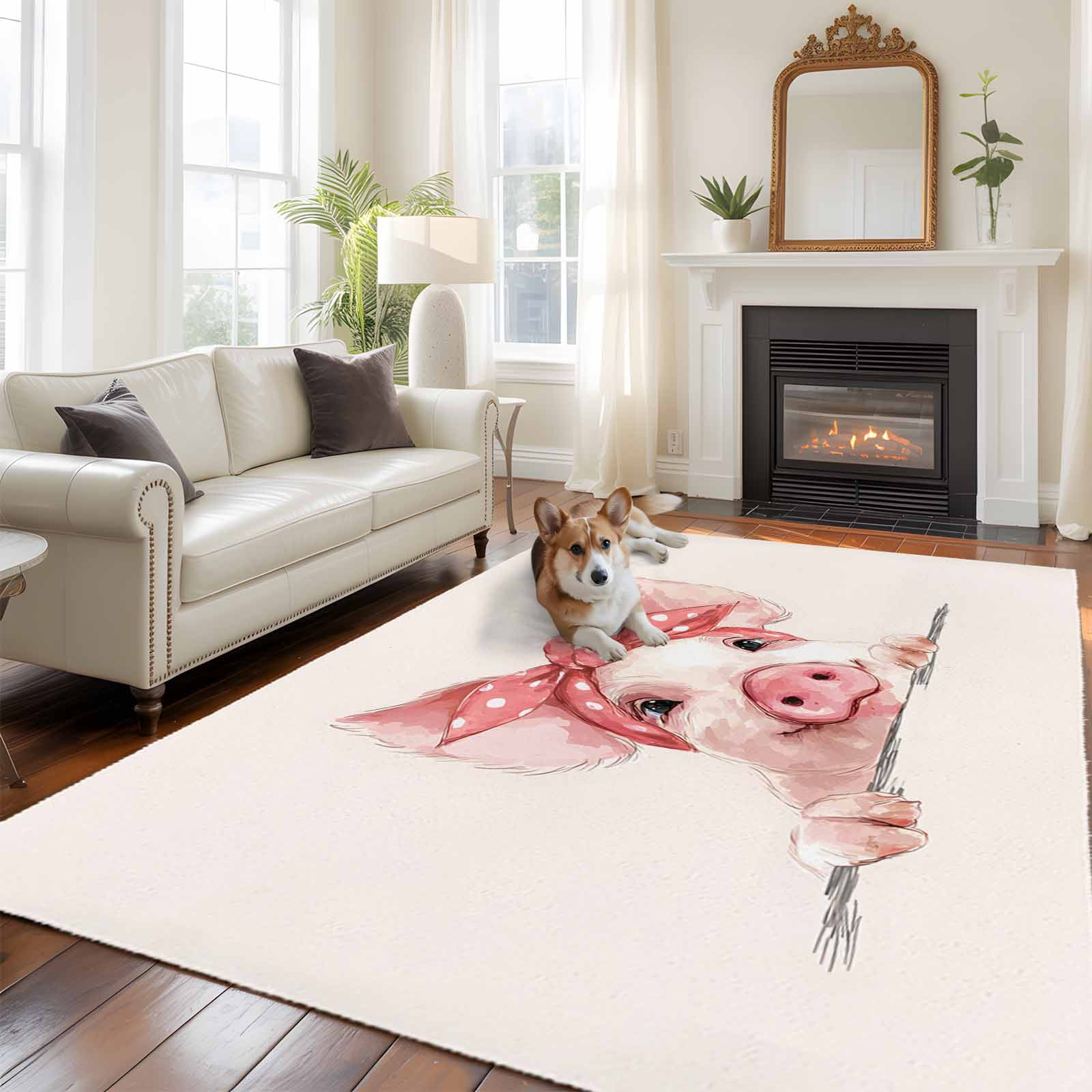 5x8 Washable Area Rug, Pink Bow Pig Non-Slip Large Rectangle Rug for ...