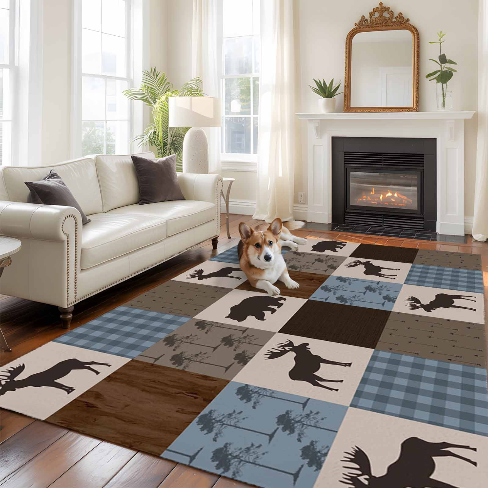 5x8 Washable Area Rug, Vintage Elk Bear Non-Slip Large Rectangle Rug ...
