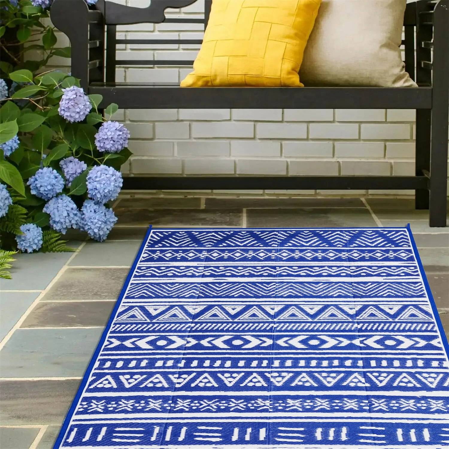 5x8FT Reversible Outdoor Rug with Storage Bag TeqHome Portable Plastic ...