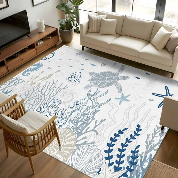 5x8Ft Area Rugs, Blue Coastal Non-Skid Rubber Backing Large Rectangle ...