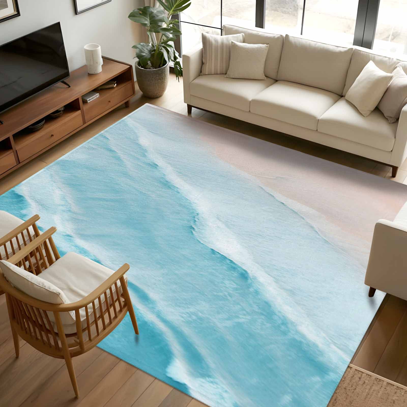 5x8Ft Area Rugs, Blue Coastal Wave Non-Skid Rubber Backing Large ...