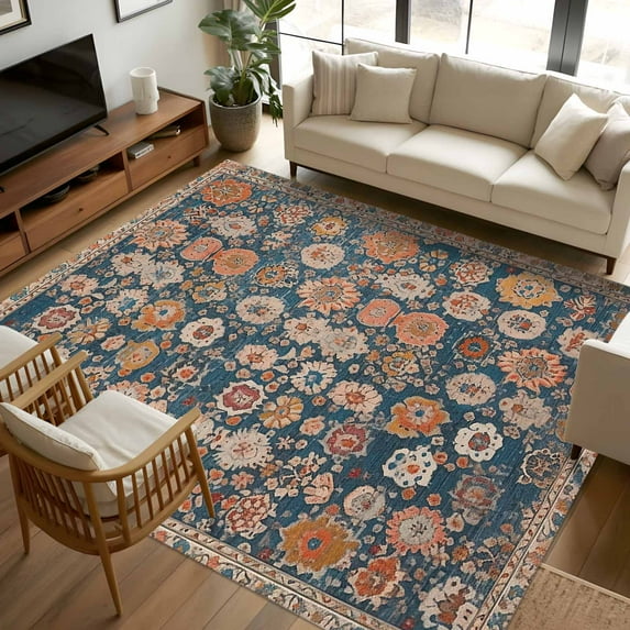 5x8Ft Area Rugs, Blue Non-Skid Rubber Backing Large Rectangle Rugs ...