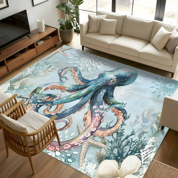 5x8Ft Area Rugs Coastal Octopus Non-Skid Rubber Backing Large Rectangle ...