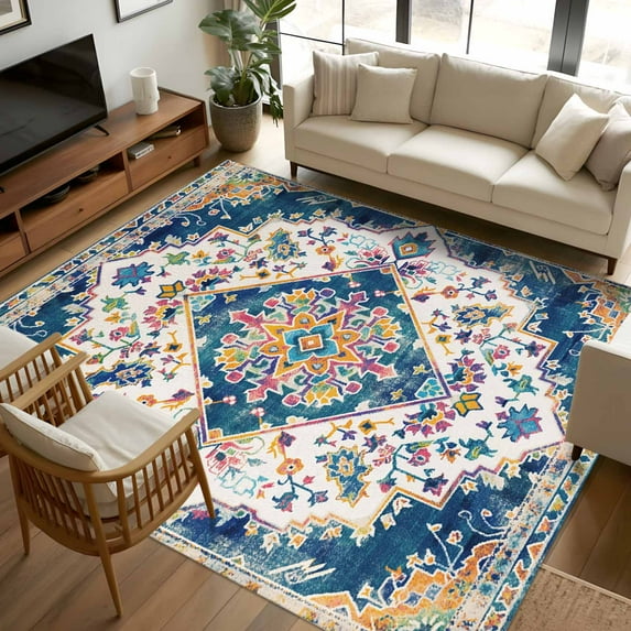 5x8Ft Area Rugs Navy Blue Yellow Non-Skid Rubber Backing Large ...