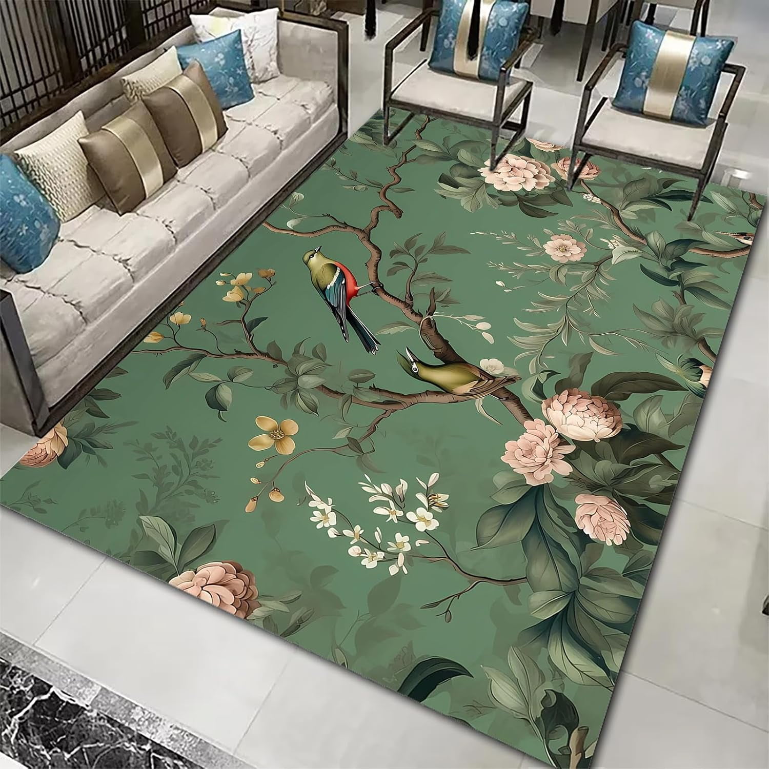 5x8ft Traditional Floral Birds Crystal Velvet Area Rug – Accent For ...