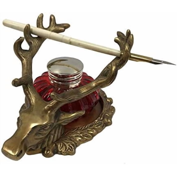 6-1/2" Antiqued Solid Brass Stag Inkwell Stand/Pen Holder Set- Antique ...
