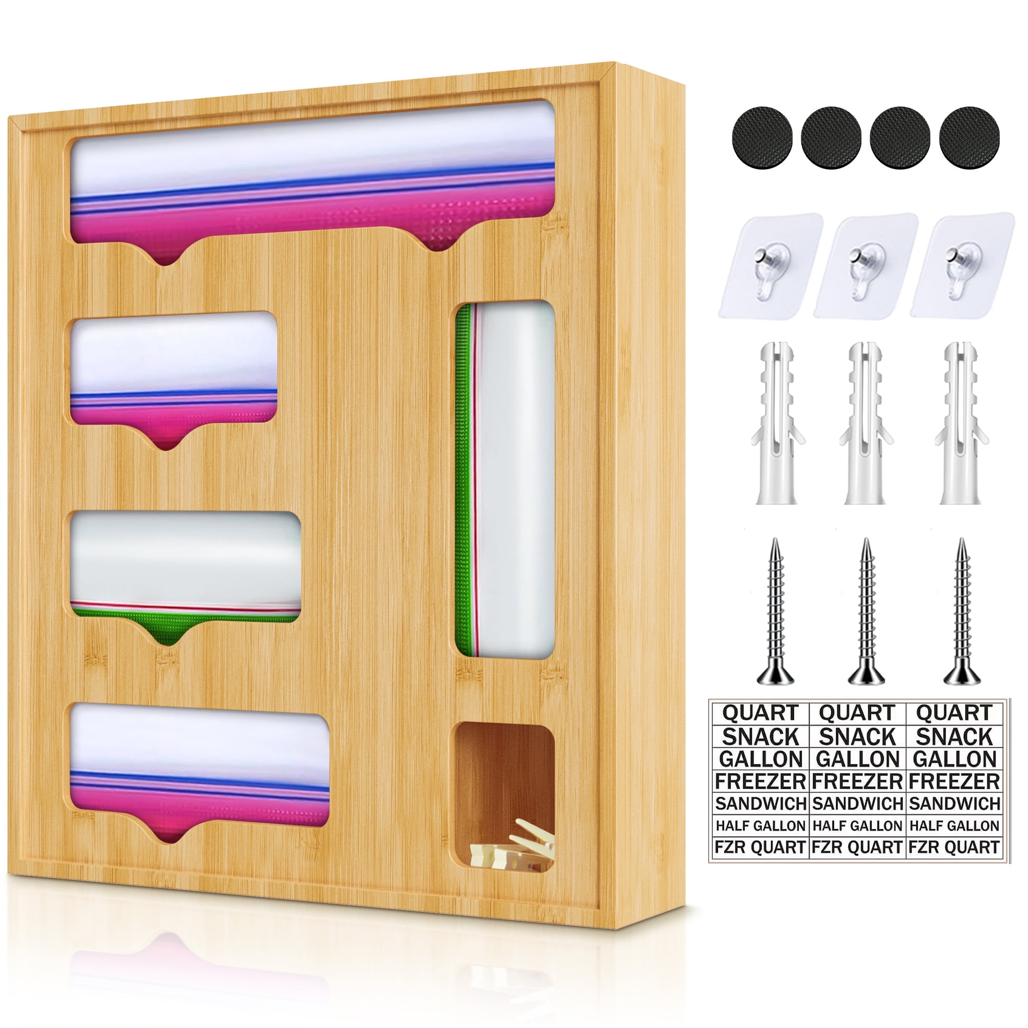 6 In 1 Bag Organizer for Drawer, Bamboo Baggie Organizer, No-Nail Wall ...