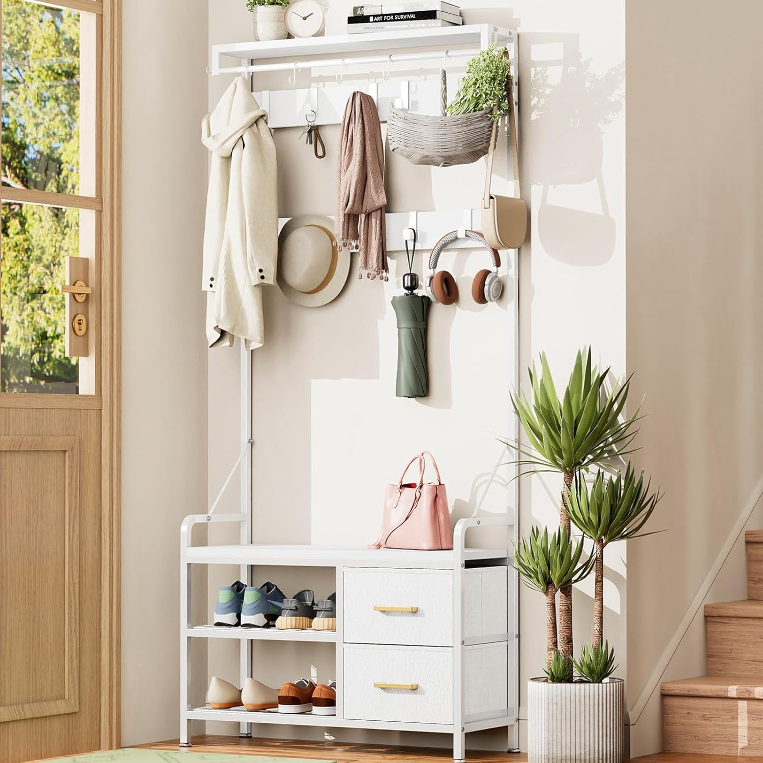 6 in 1 Hall Tree with Bench and Shoe Storage, 31.7” Entryway Bench with ...
