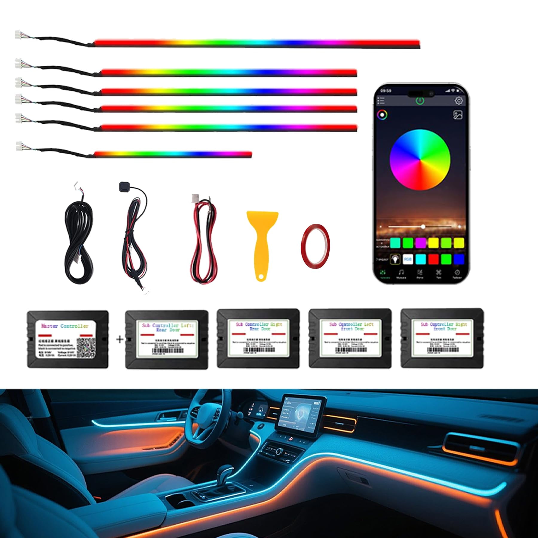 6 in 1 Interior RGB Car LED Strip Light with Wireless APP,16 Million Interior Lights Car ...