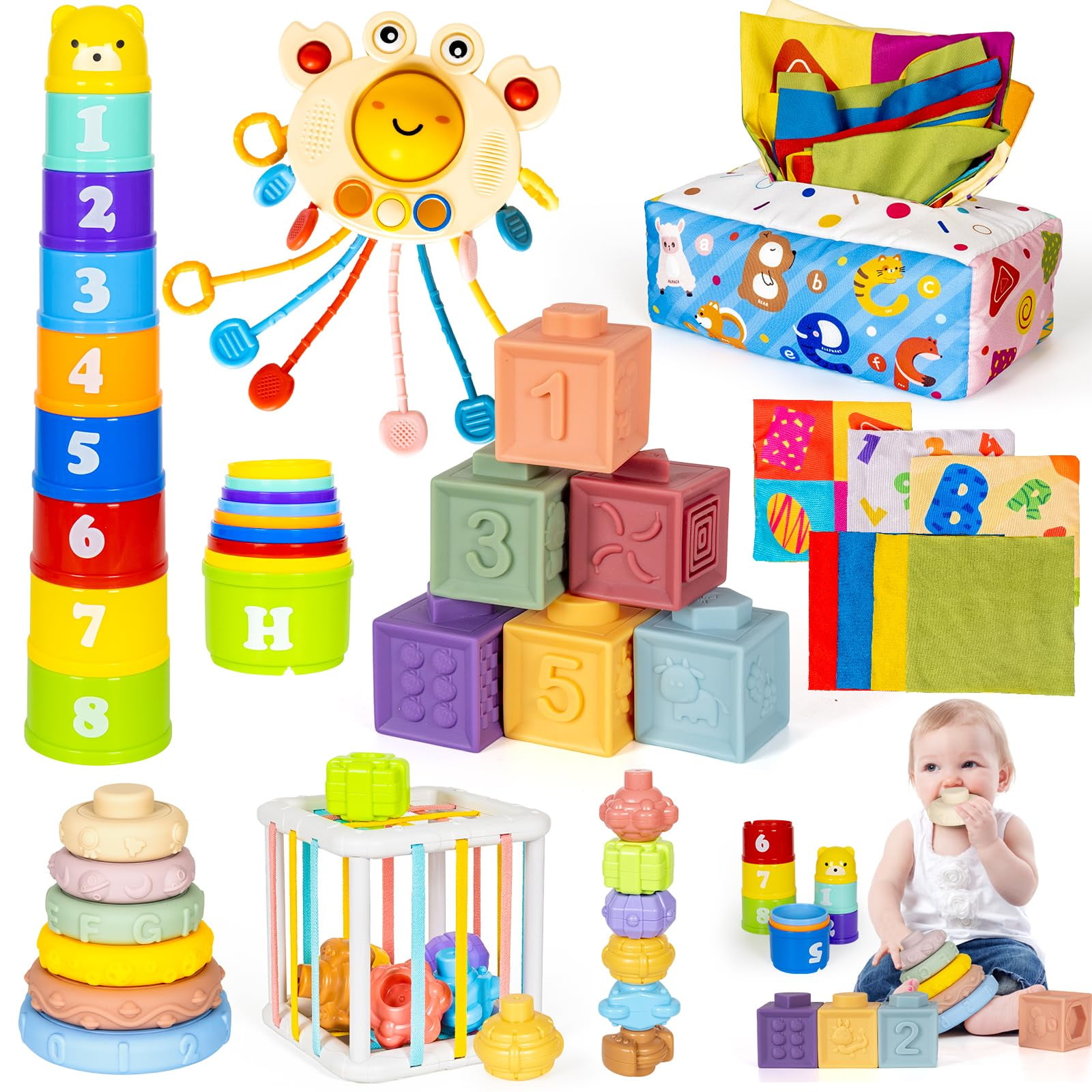 6 In 1 Montessori Toys For Babies 6-12 Months Stacking Block Soft ...