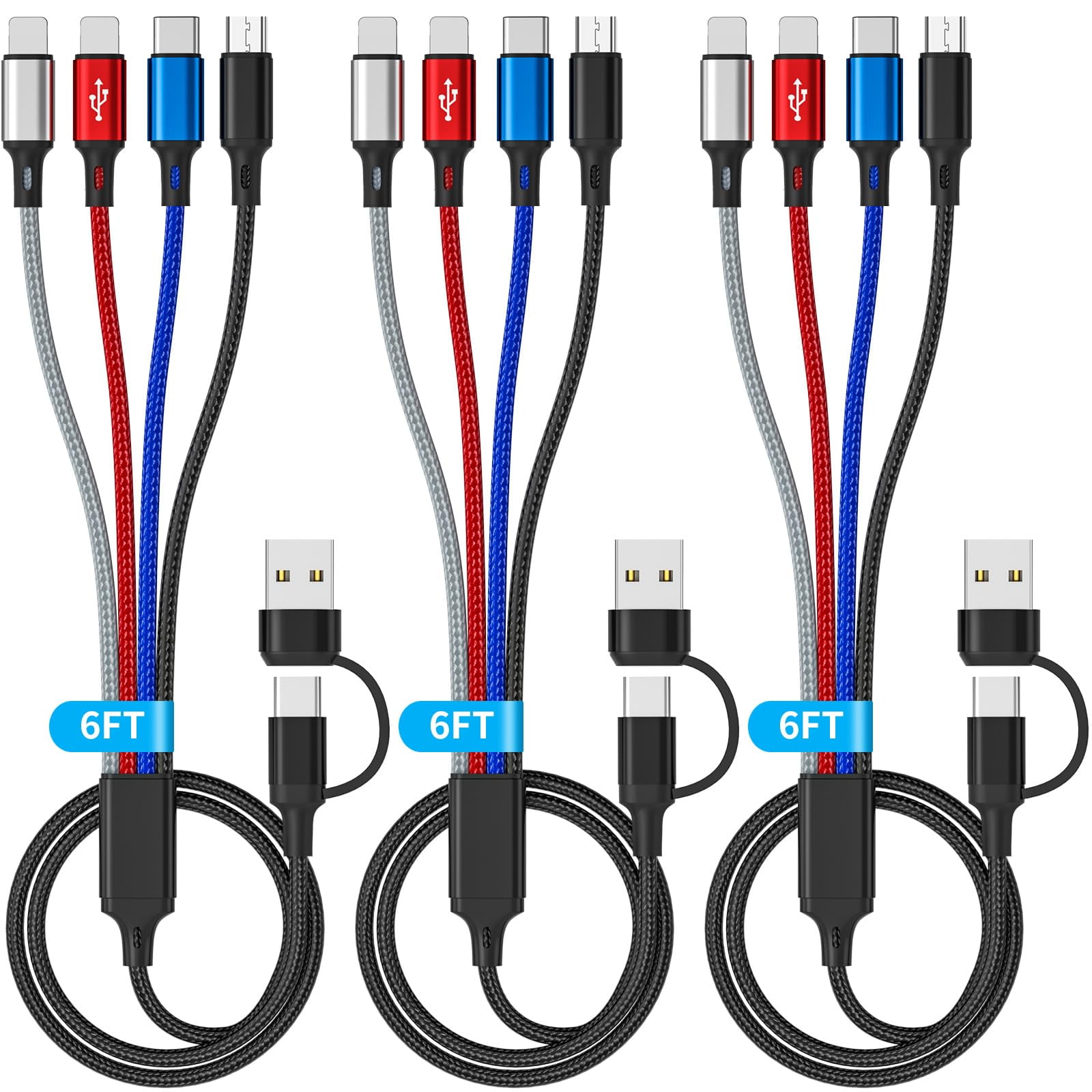 6 in 1 Multi Charging Cable, 3Pack 6FT Multiple Charging Cable, Multi ...