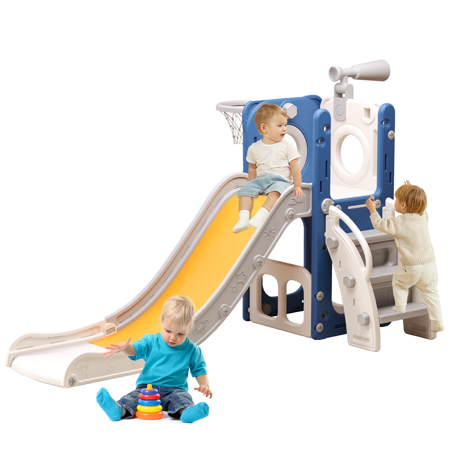 Gymax Kids Multi-purpose Climber with 2-Step Slide, Basketball Hoop ...