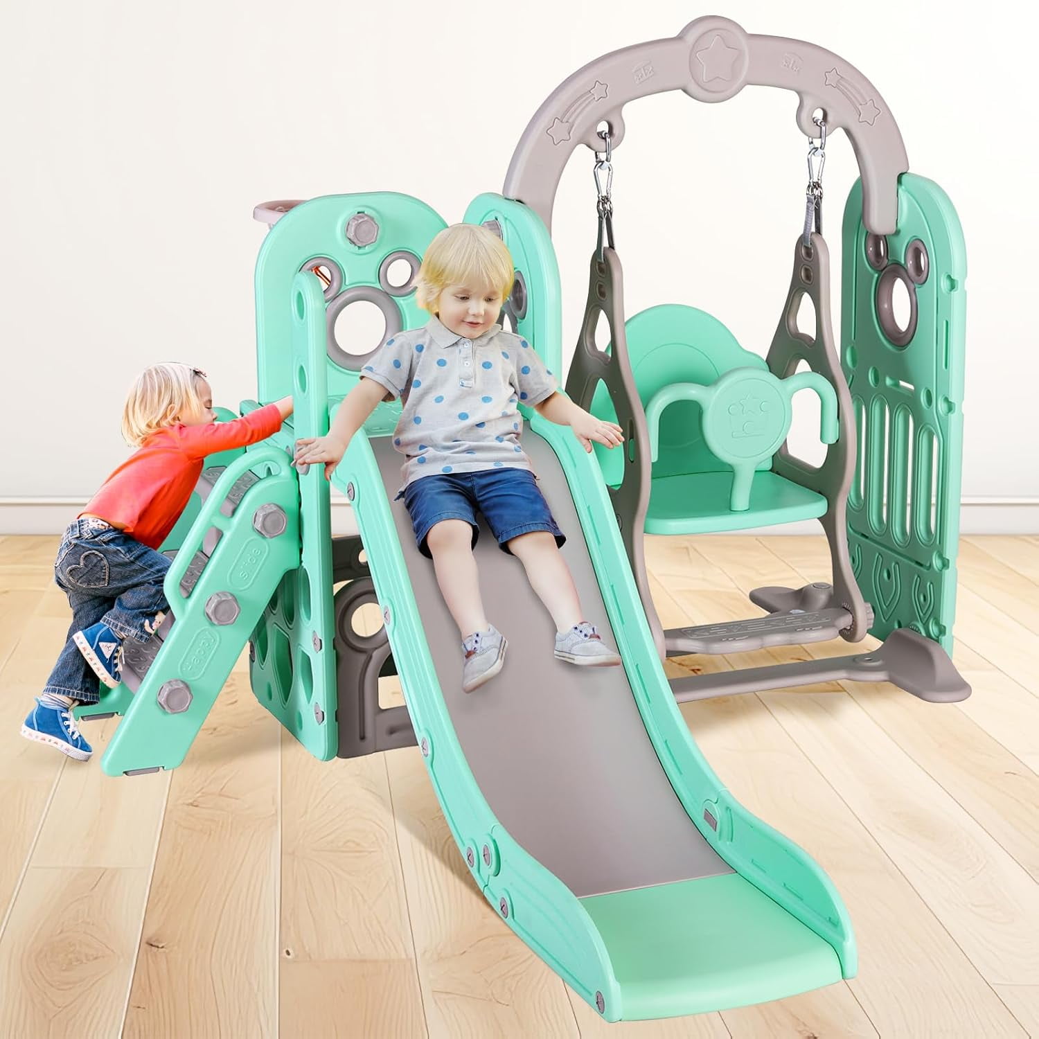 6 in 1 Toddlers Slide and Swing Set, Kids Slides w/Climber, Storage ...