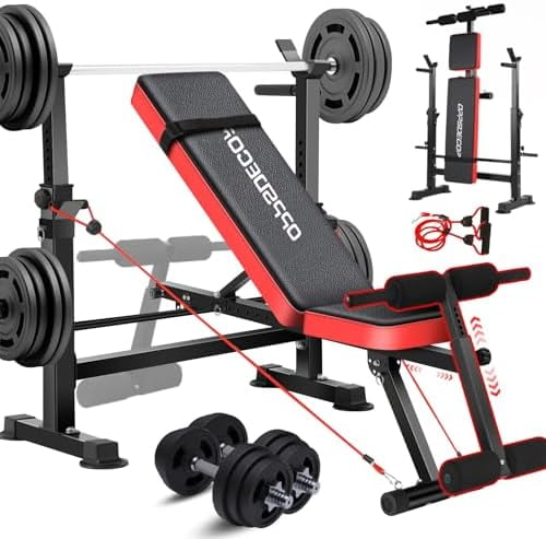 6 in 1 Workout Bench Set Adjustable Weight Bench with Squat Barbell ...