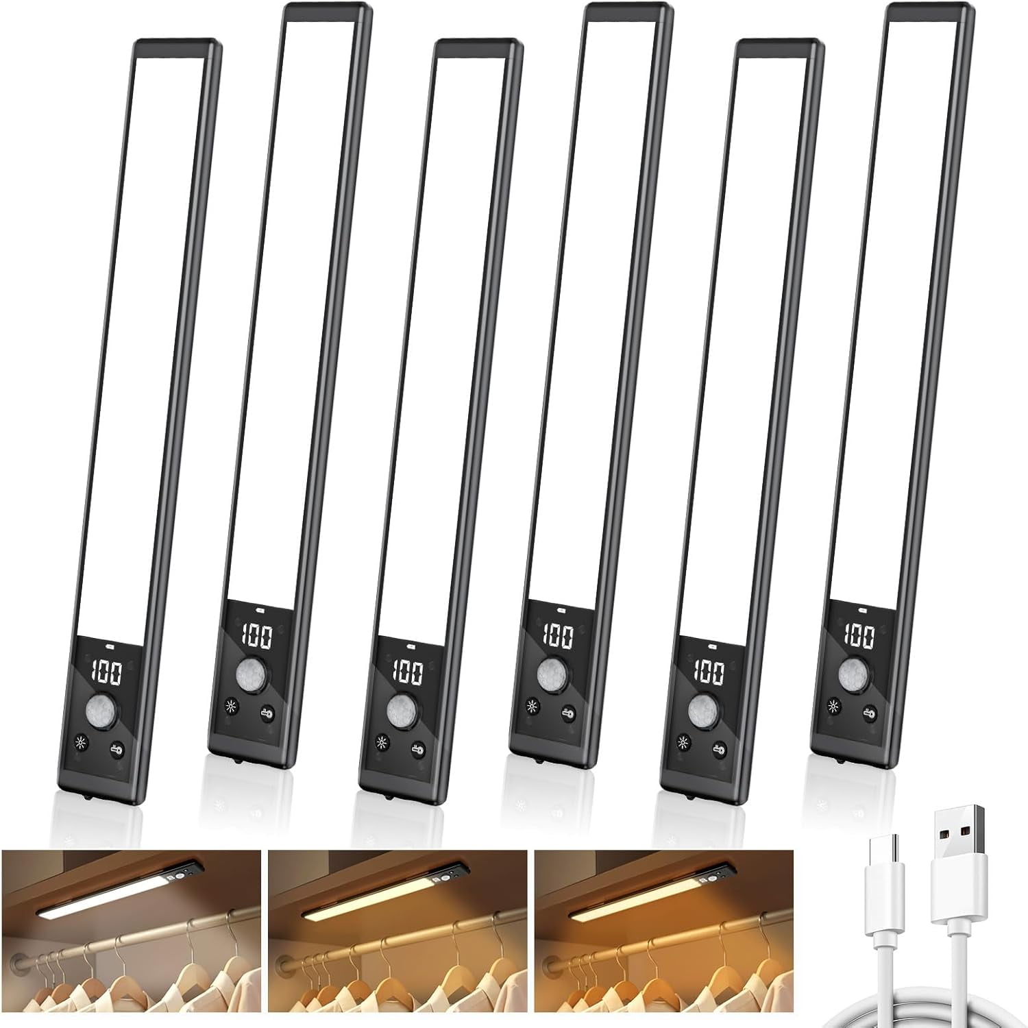 6 10" Under Cabinet Lights with Digital Display,52 Motion Sensor Light ...