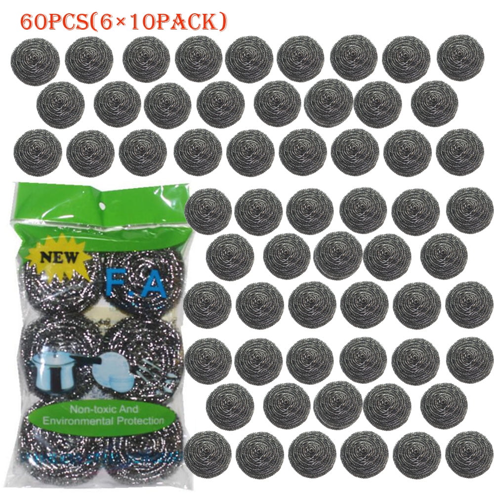 （6×10PACK）60PCS Stainless Steel Sponges Scrubbing Scouring Pad Steel Wire Ball Scrubber Home ...