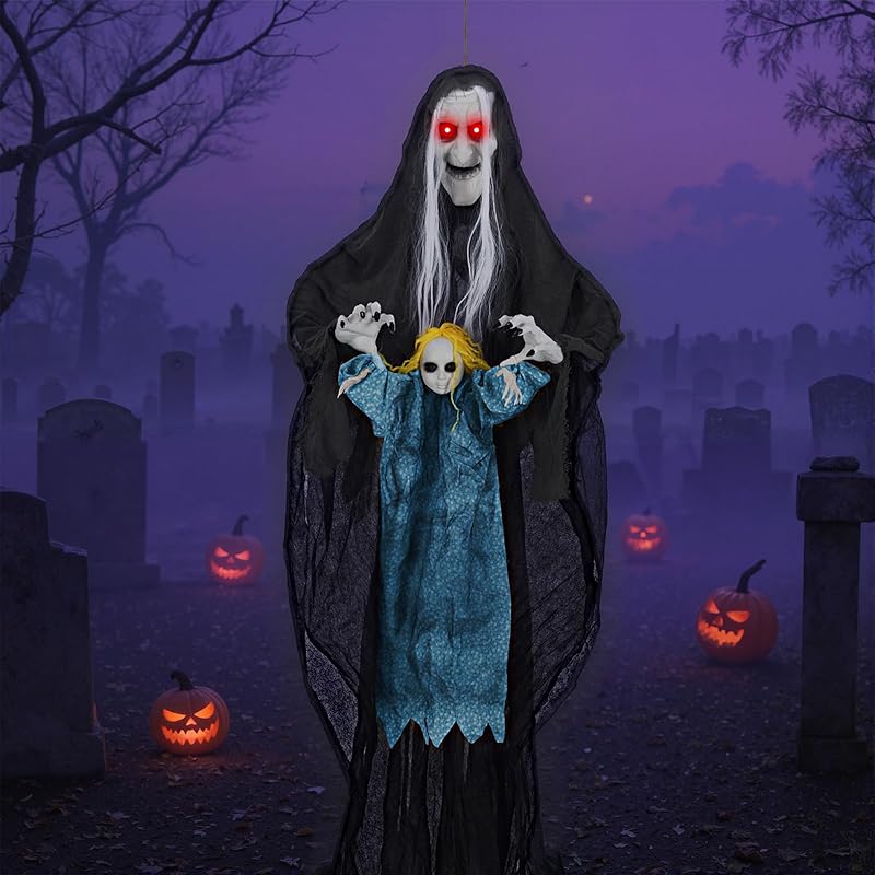 6’11” Hanging Halloween Decorations - Voice Activated Witch with Ghost ...