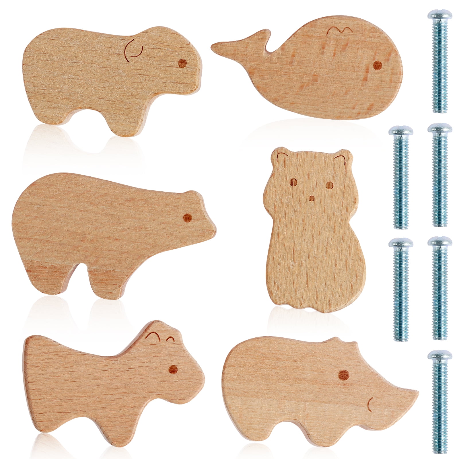 6/12Pcs Wooden Animal Drawer Knobs with Screws Natural Wood Dresser ...