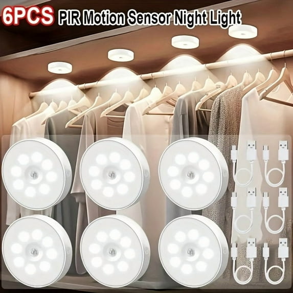 6/12pcs Bright White LED Motion Sensor Night Lights - USB Rechargeable ...