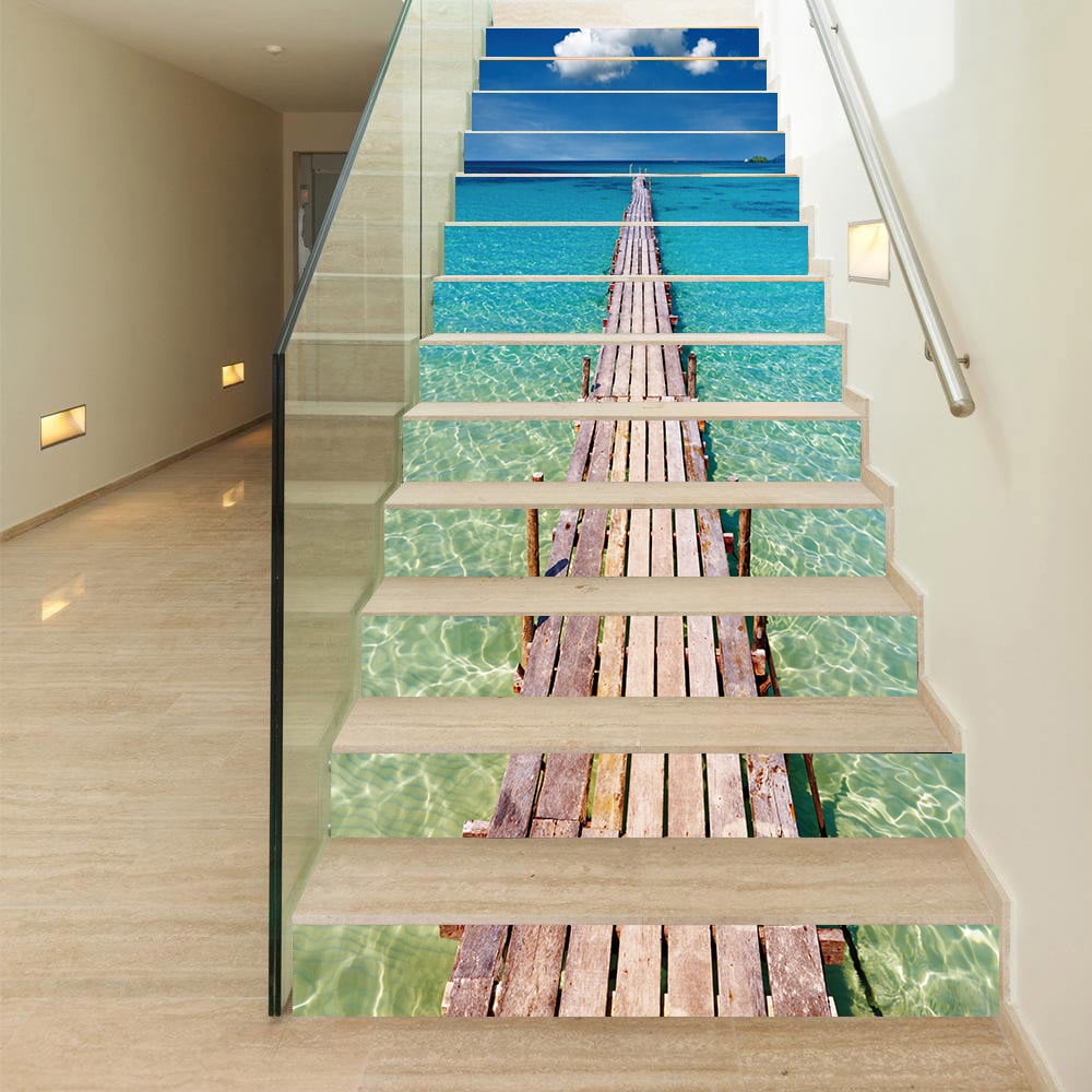 6/13pc Seaside Scenery Self-adhesive Stair Lift Sticker PVC Star Stairs ...