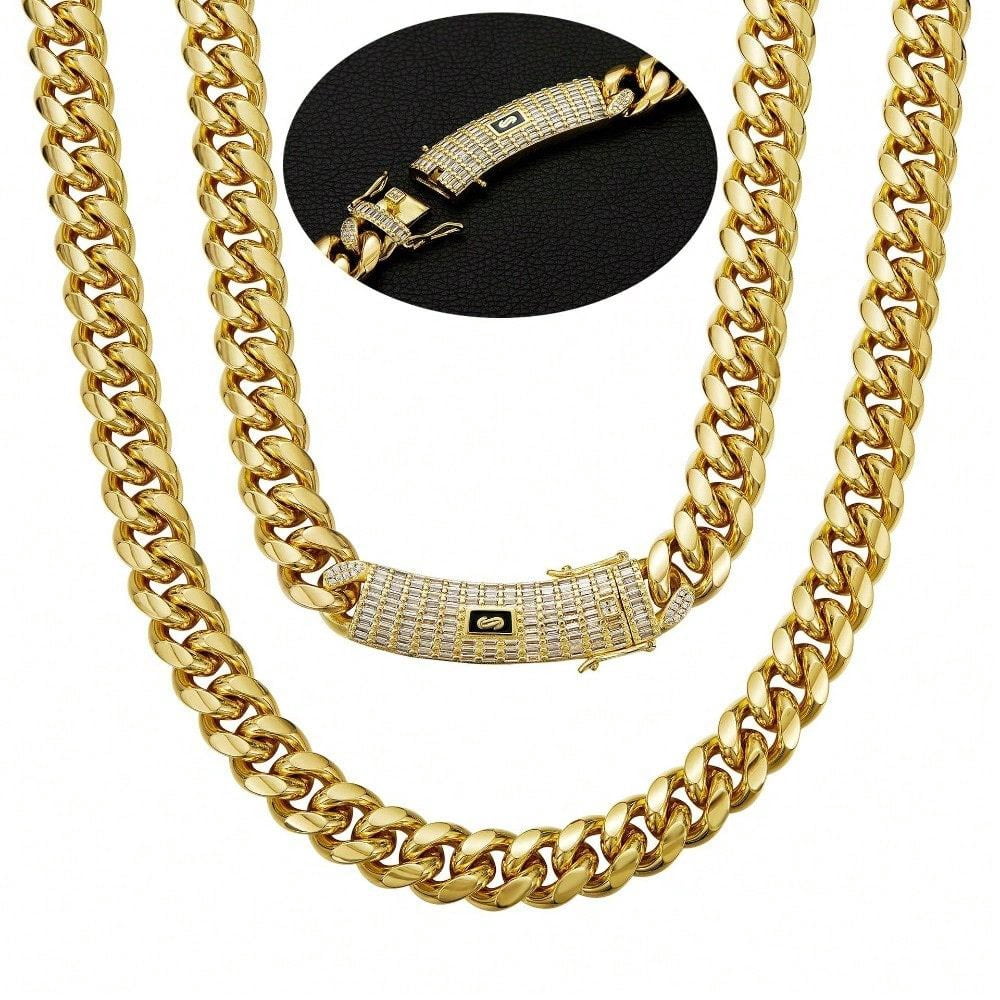 6-14mm Golden Stainless Steel Cuban Miami Chains Bracelet Necklaces CZ ...