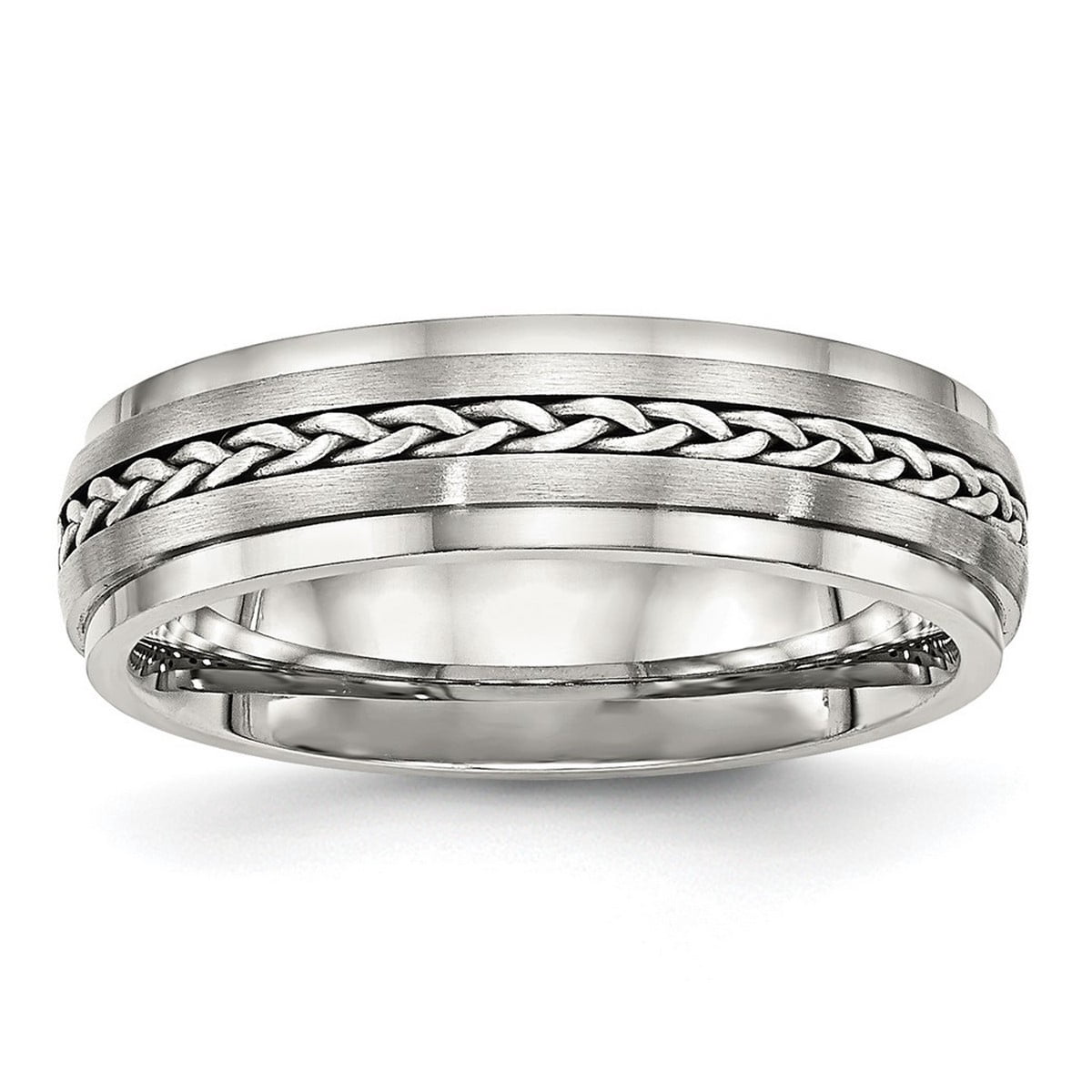 6.1mm Stainless Steel Polished and Brushed With Silver Braid Inlay Ring ...