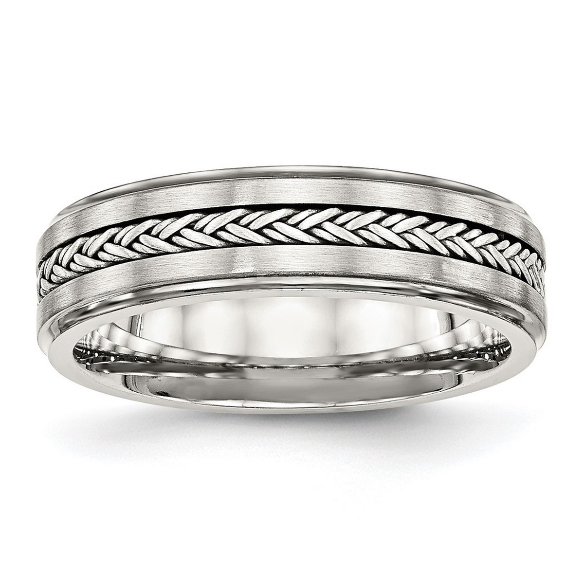 6.1mm Stainless Steel Polished and Brushed With Silver Braid Inlay Ring ...
