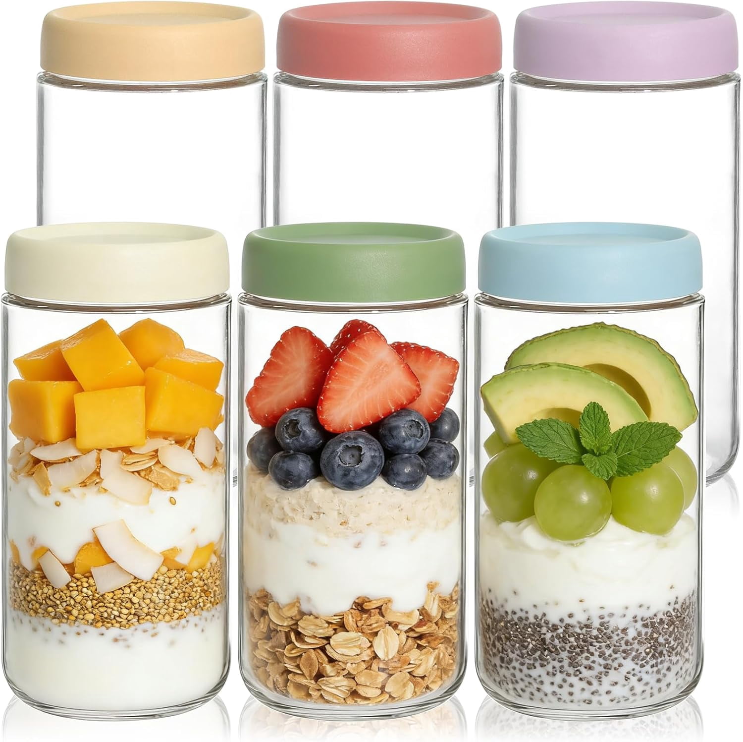 6- 24oz Glass Overnight Oats Jars - Wide Mouth Mason Jars with Airtight ...