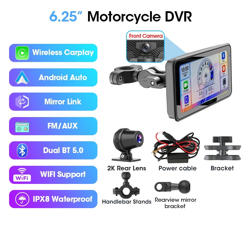 6.25" 7" 2K Motorcycle DVR Dashcam Navigation GPS Wireless Carplay ...