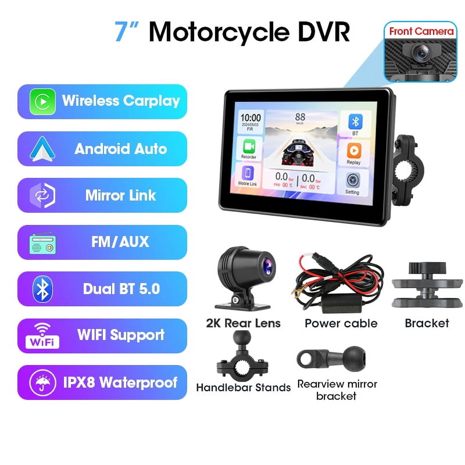 6.25" 7" 2K Motorcycle DVR Dashcam Navigation GPS Wireless Carplay ...