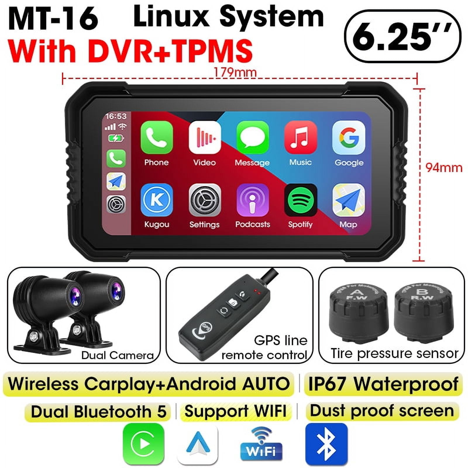 6.25 inch Motorcycle Navigation DVR Wireless CarPlay Android Auto IP67 ...