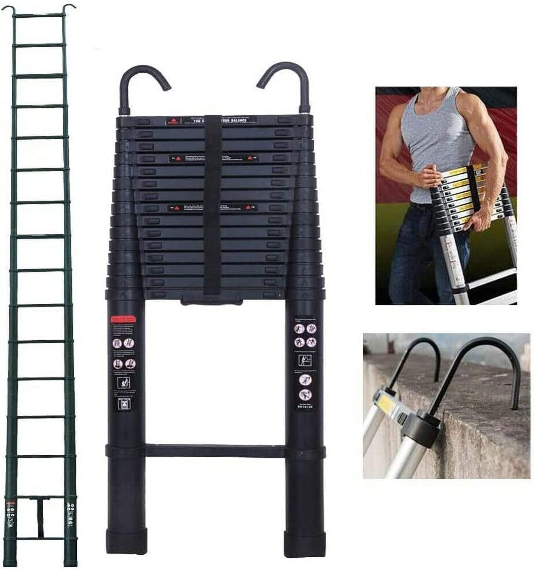 6.2m/20.3ft Foldable Extension Telescoping Ladder with Detachable Hook ...