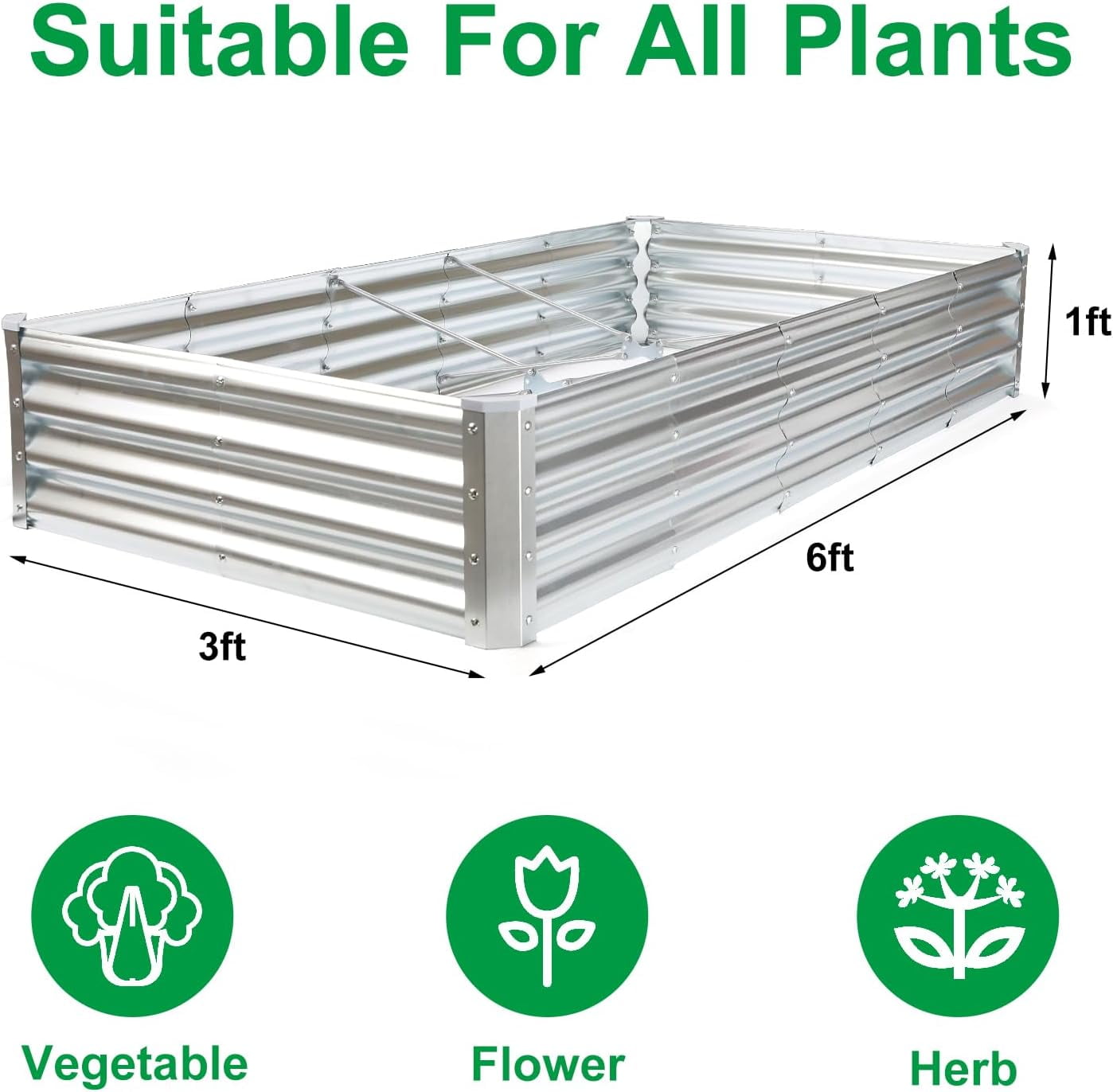 6×3×1ft Galvanized Raised Garden Bed with Support Rods for Vegetable ...