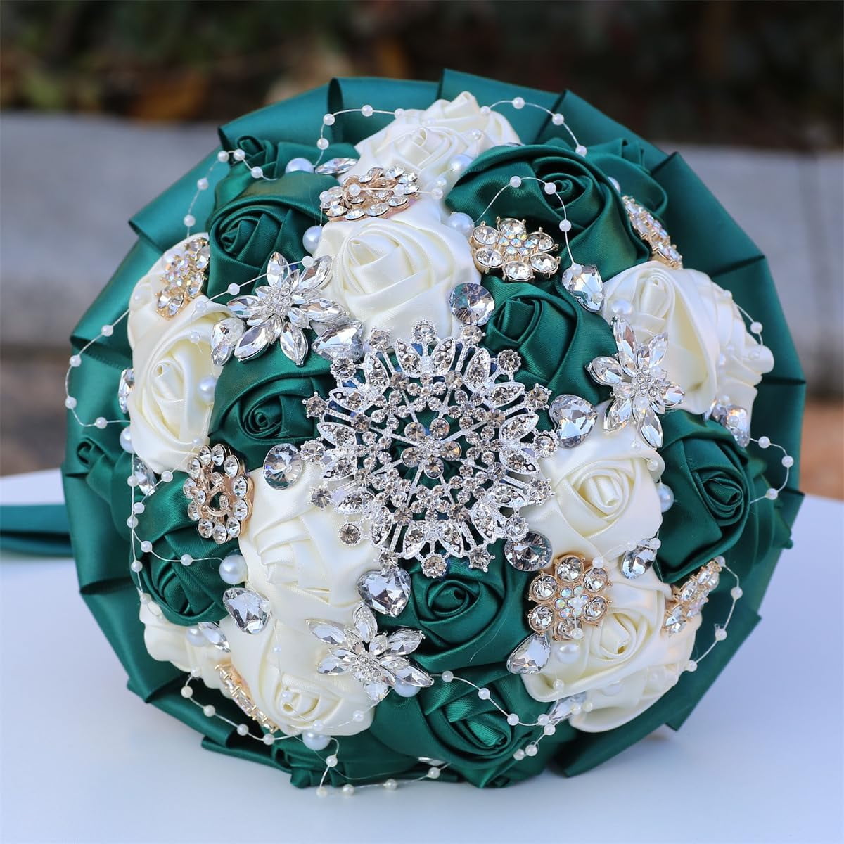 6.3" Dark Green & Ivory Bridal Wedding Bouquet Round Holding Bouquet ...