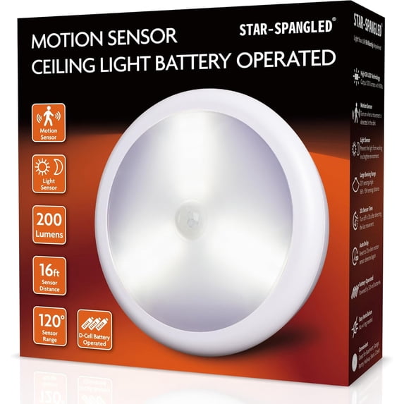 6.3” Motion Sensor Ceiling Light Indoor AA or D-Cell Battery Operated ...
