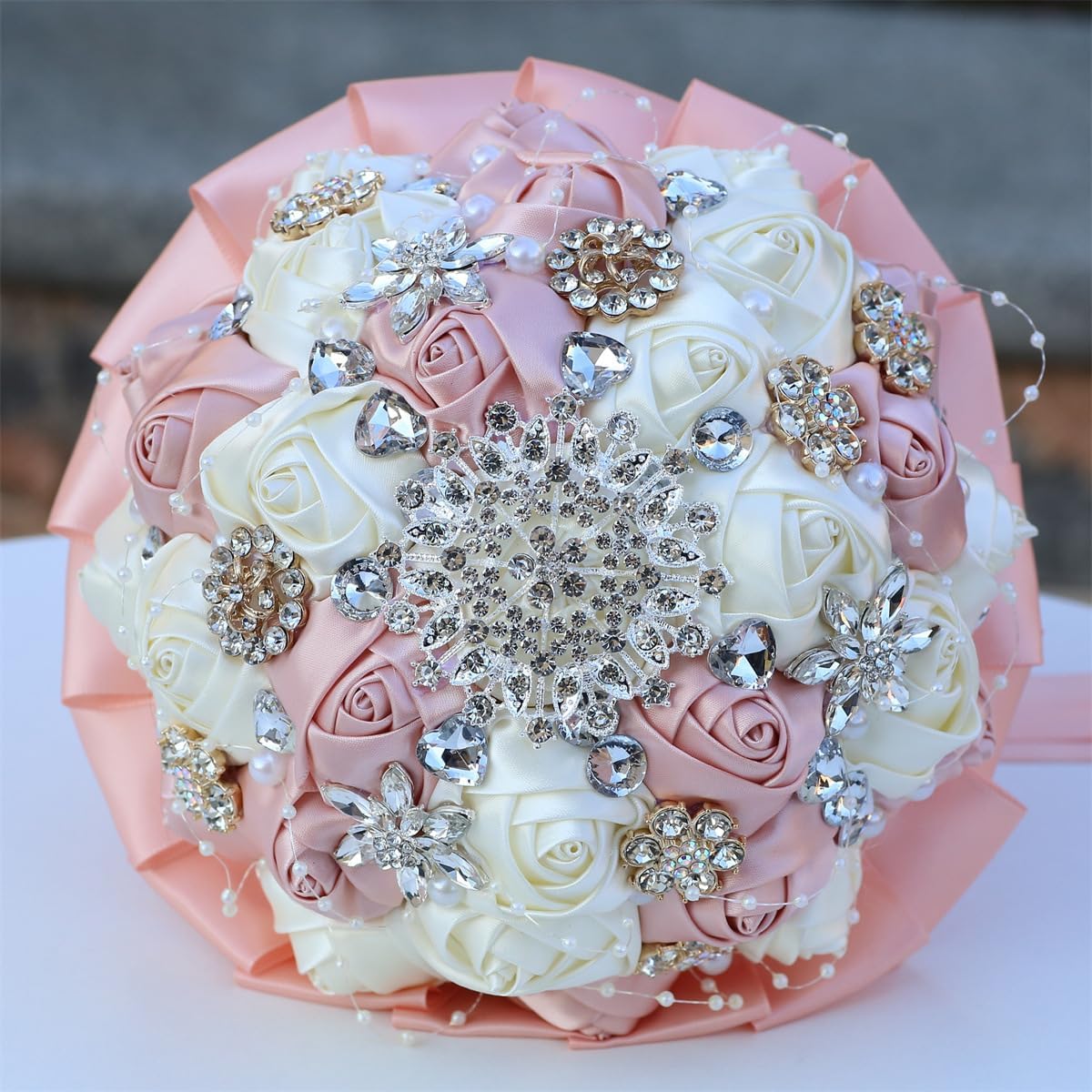 6.3" Pink Champagne & Ivory Bridal Wedding Bouquet Round Holding ...
