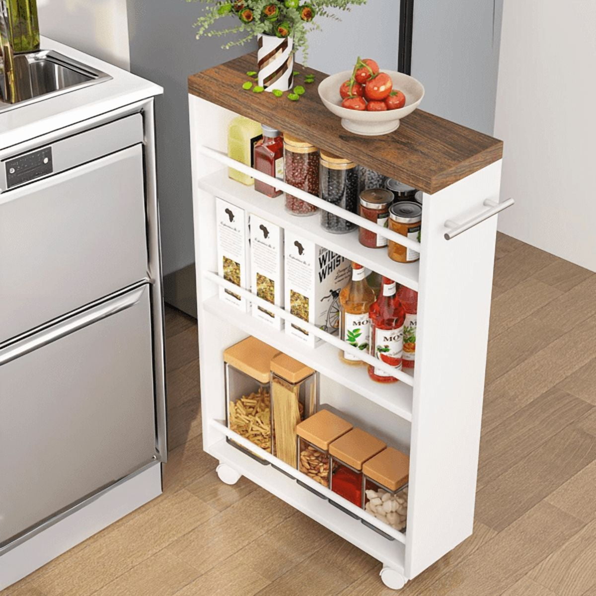 6.3" Slim Rolling Storage Cart - 3-Tier Shelves with Lockable Casters ...
