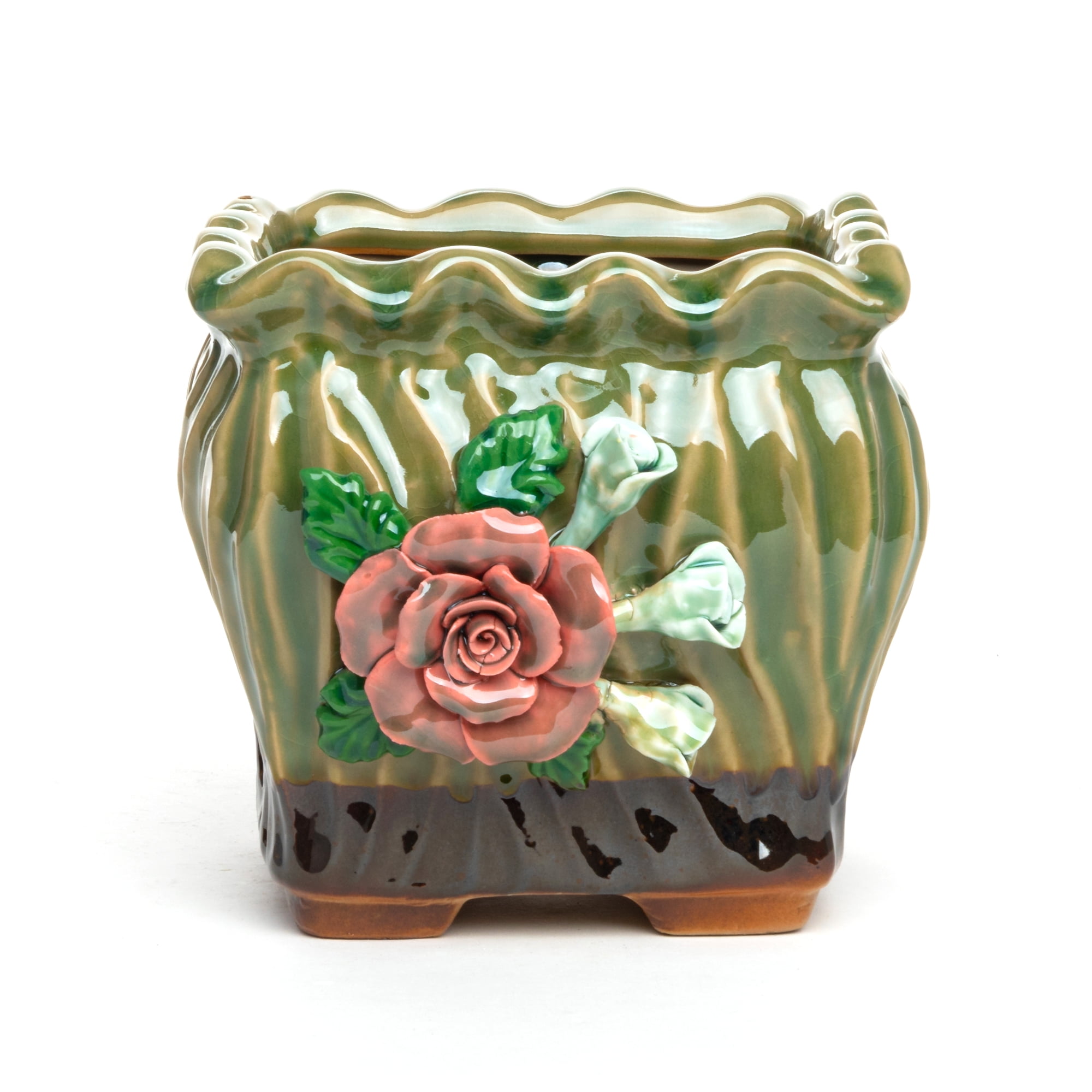6.3" Small Green Square Footed Ceramic Planter Pot with Drainage Hole ...