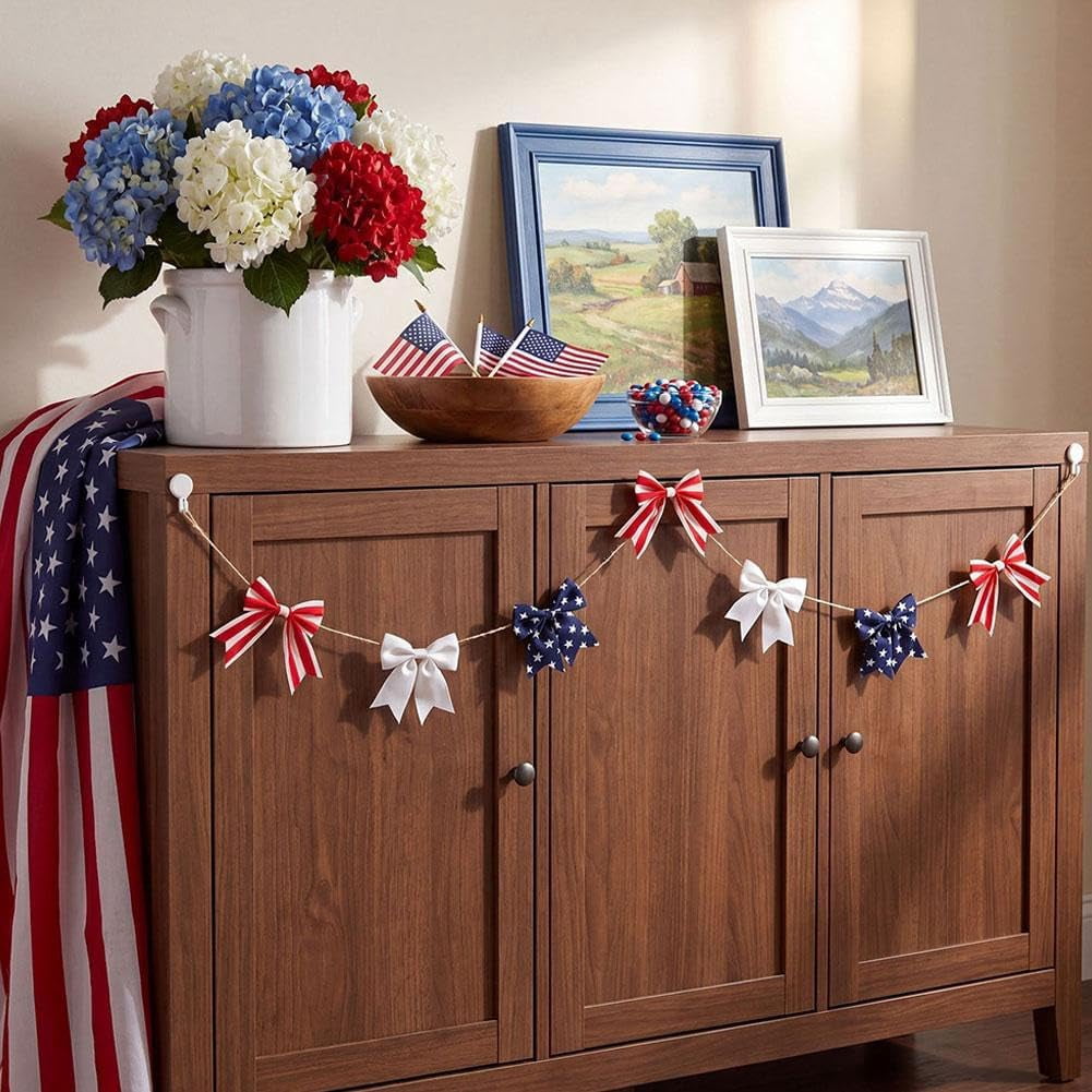 6.3Ft Pre-Assembled Patriotic Bow Garland, Red White Blue Bowknot ...