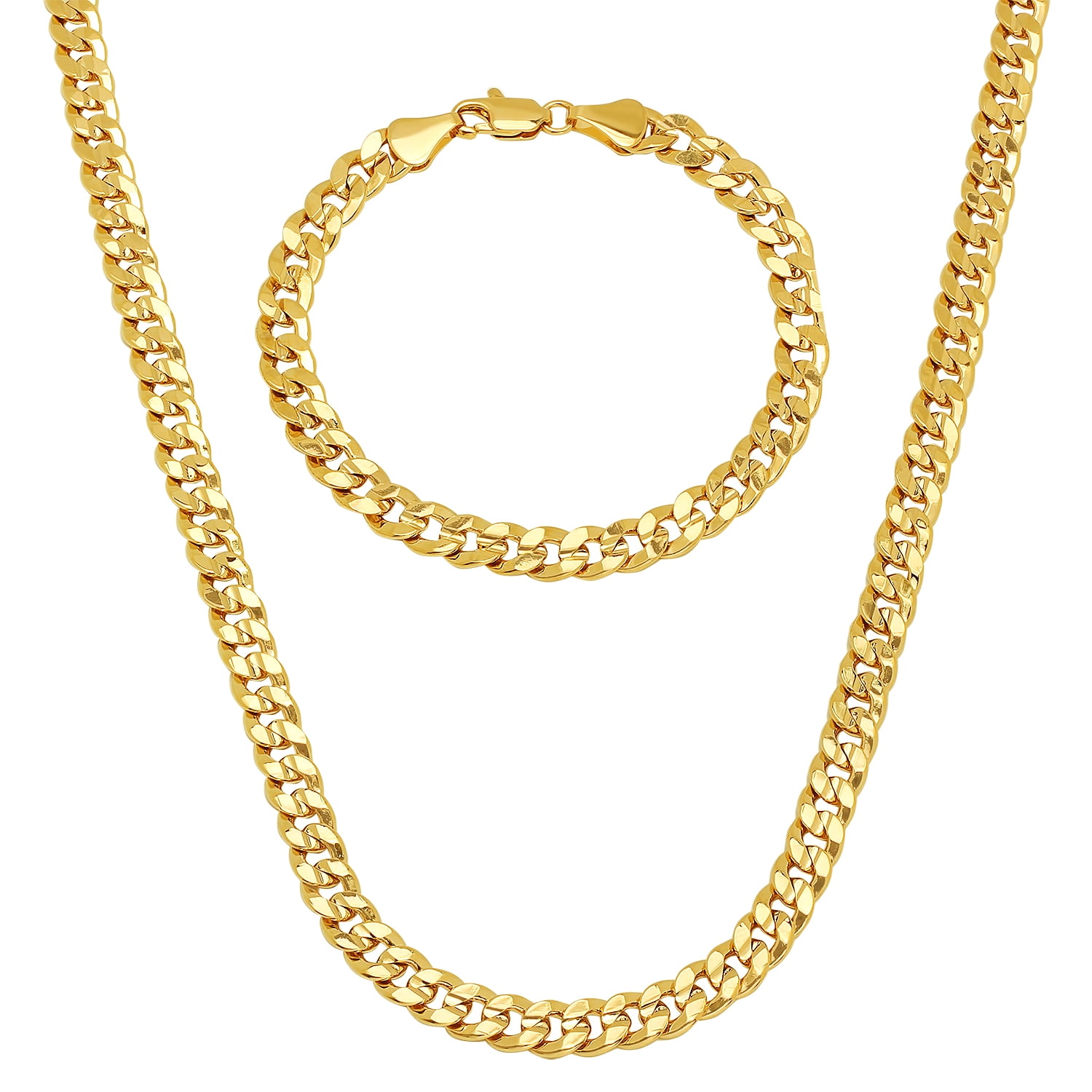 6.3mm 14k Yellow Gold Plated Beveled Curb Chain Necklace + Bracelet Set ...
