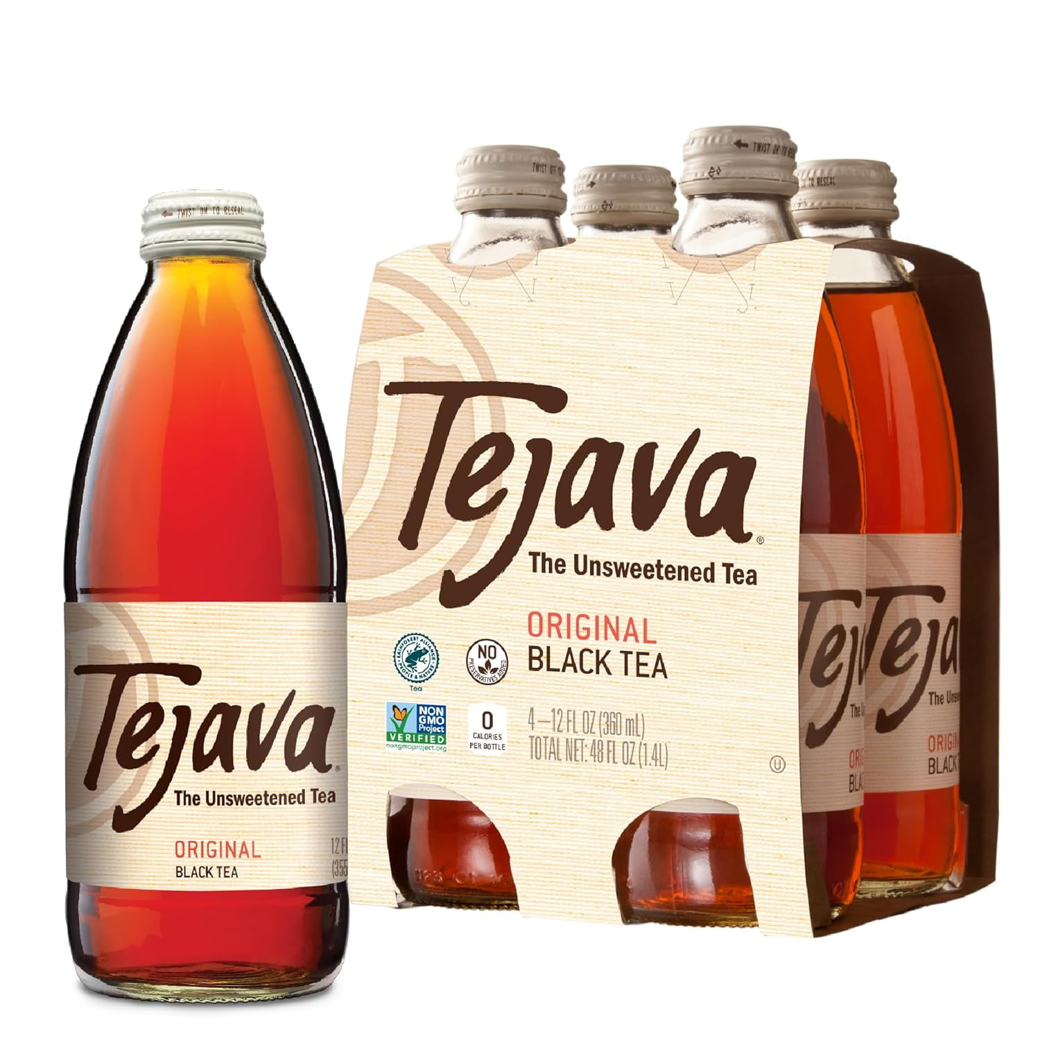 Tejava Original Unsweetened Black Iced Tea, 4 Pack, 12oz Glass Bottles ...