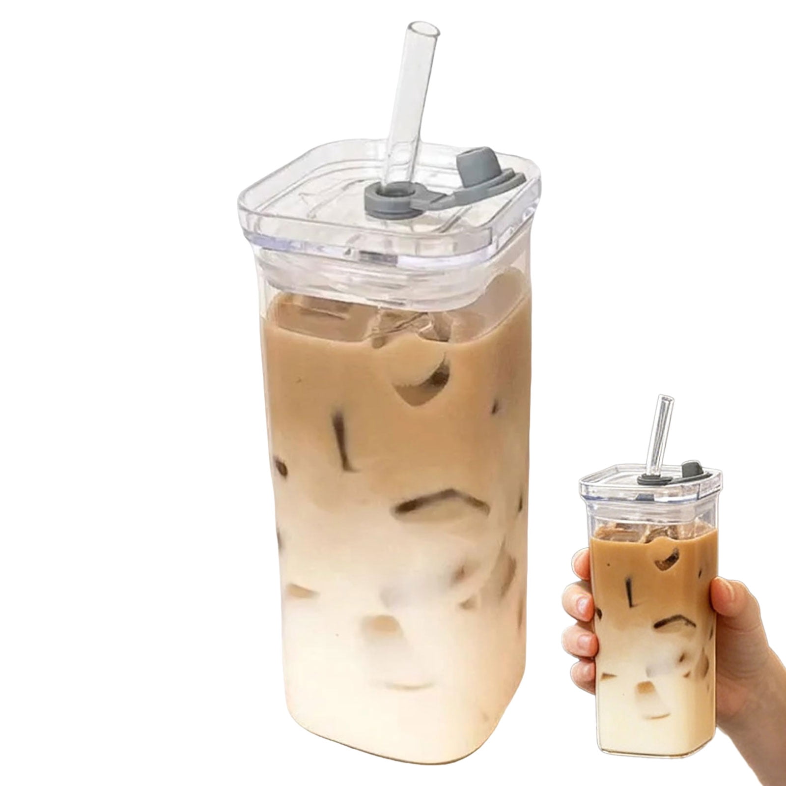 6/4/3/2/1 Pack Square Glass Cup with Lids and Straws,Portable Drinking ...