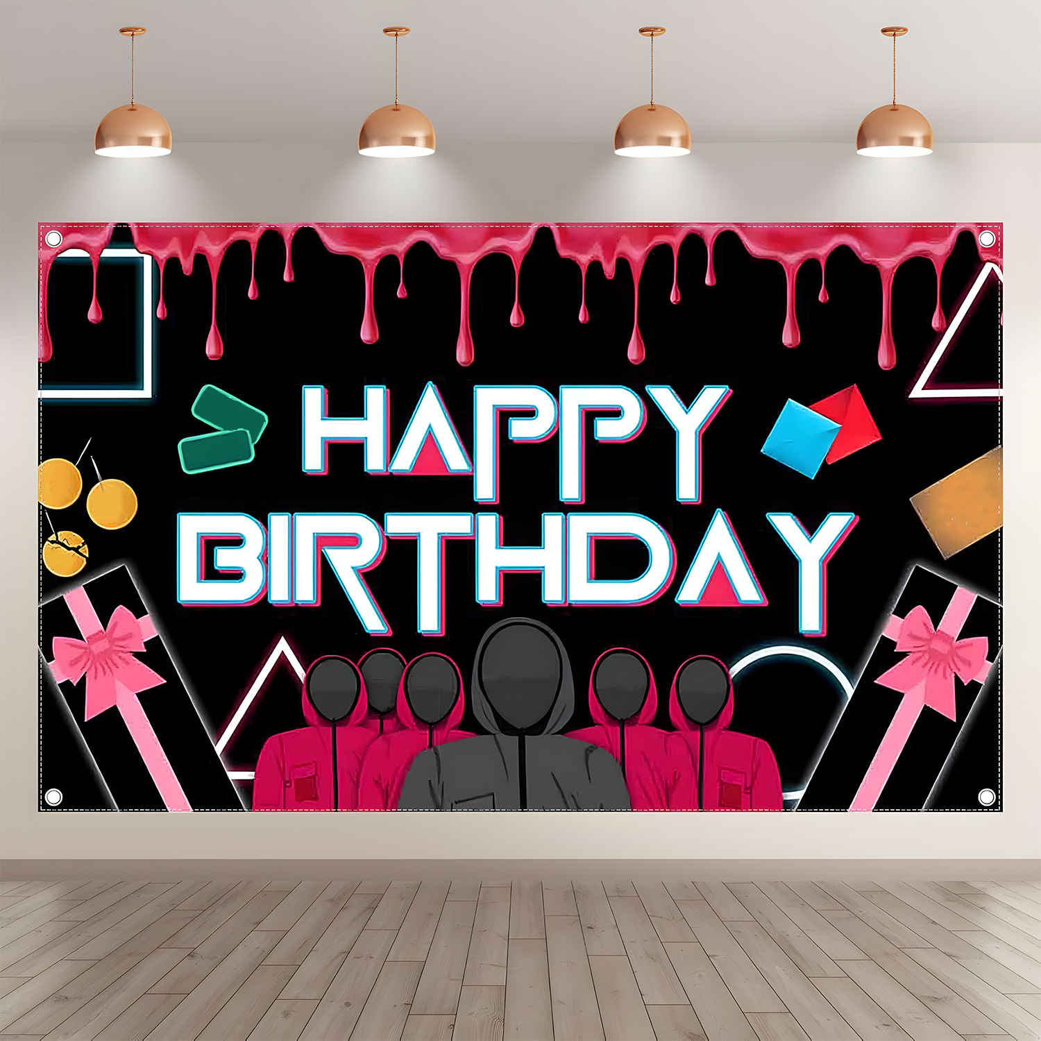 6*4 FT Squidd Happy Birthday Backdrop Black and Pink Sugar Cookies ...