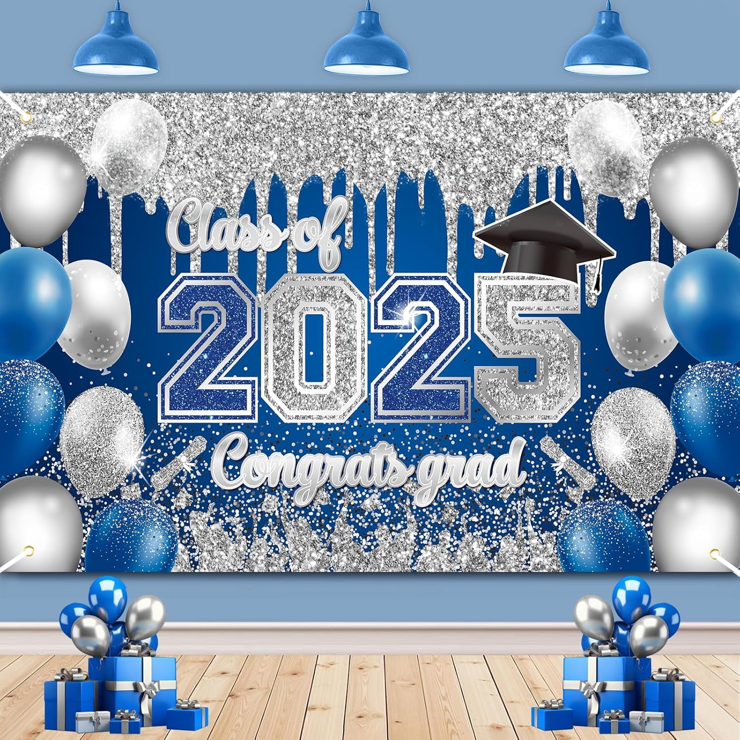 6*4FT Blue Silver Graduation Banner Decorations 2025 Navy Blue Congrats ...