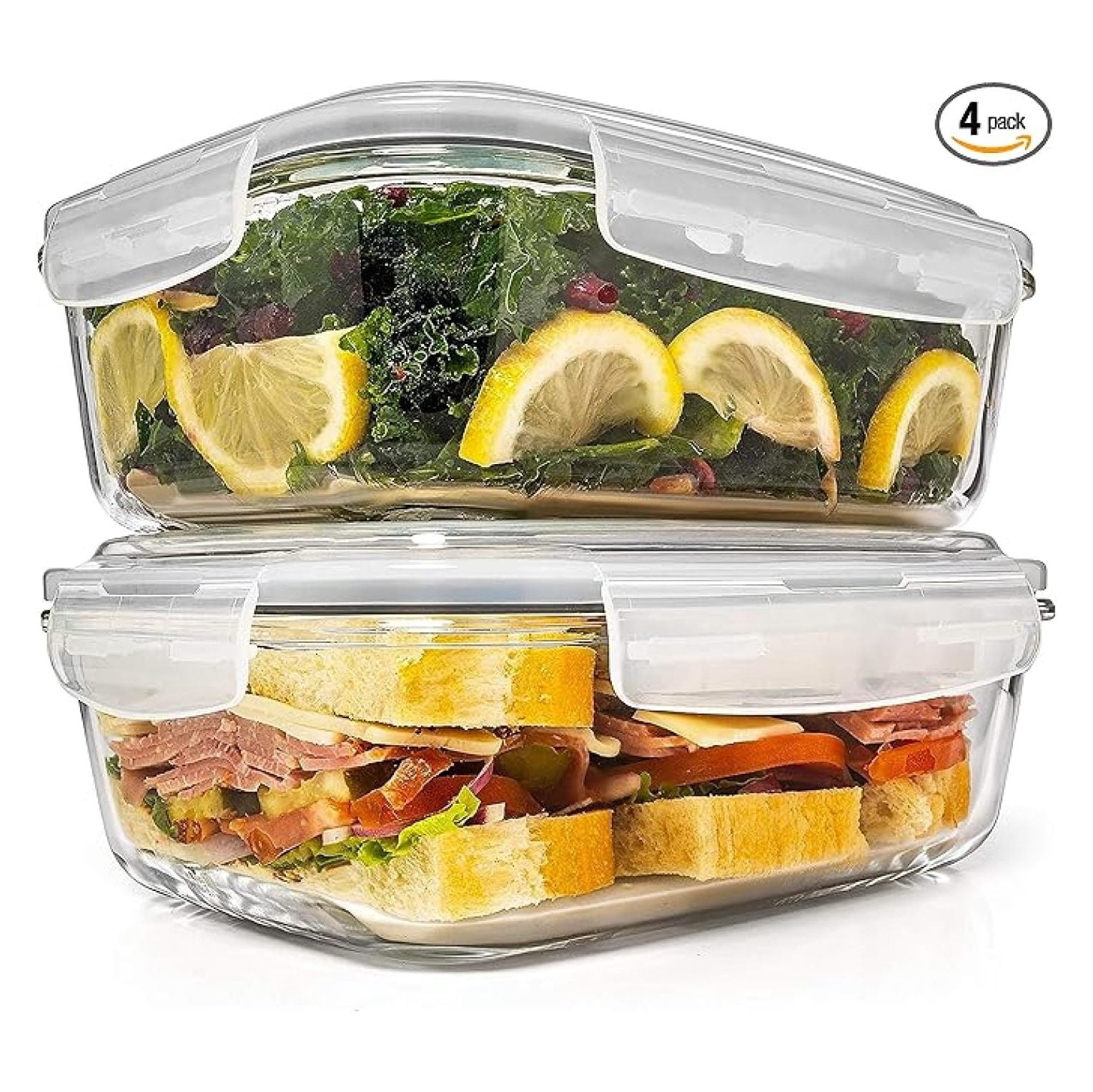 6.5 Cups / 52 Oz 4 Piece (2 Containers + 2 Lids) Glass Food Storage ...