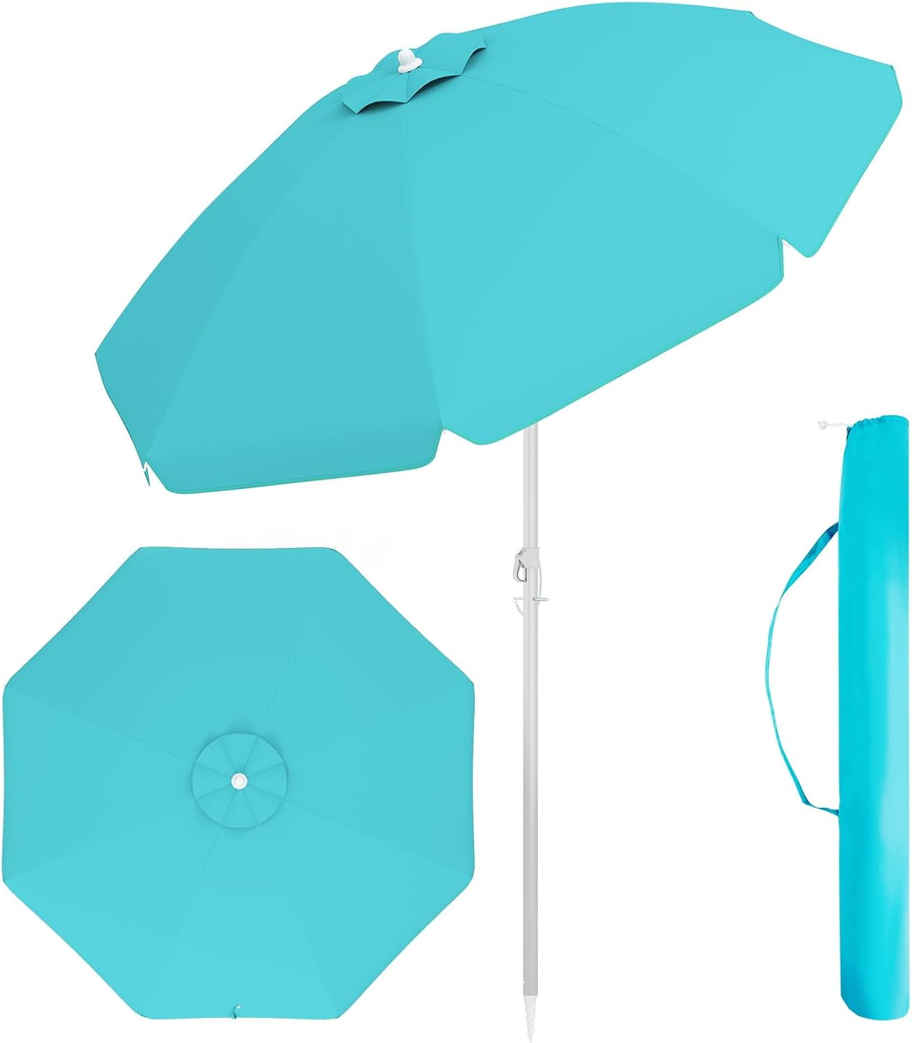 6.5 FT Beach Umbrella with Sand Anchor, Portable Outdoor Sunshade with ...