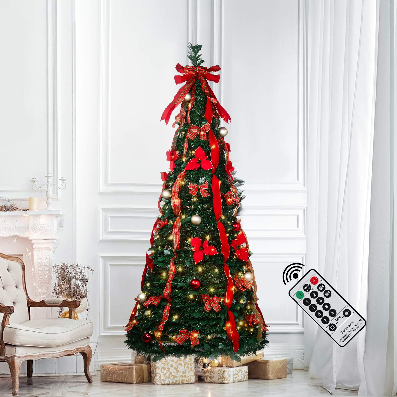 6.5 FT Pre Lit Pre Decorated Christmas Tree Pop Up Christmas Tree with ...