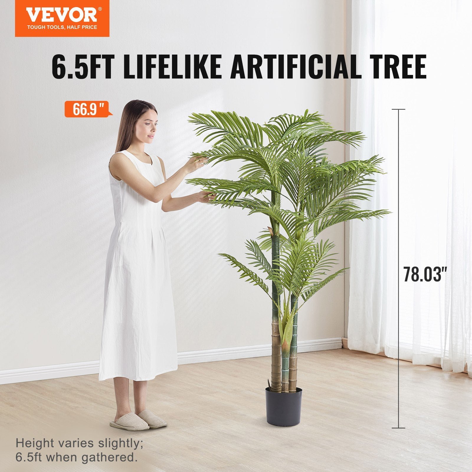 6.5 FT Tall Faux Plant, Artificial Gold Cane Palm Tree, PE Material ...